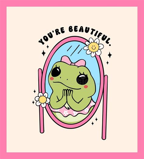 Self Love Retro Frog Girl Reflection In Mirror Minimal Doodle Drawing Wall Art Printble Stock