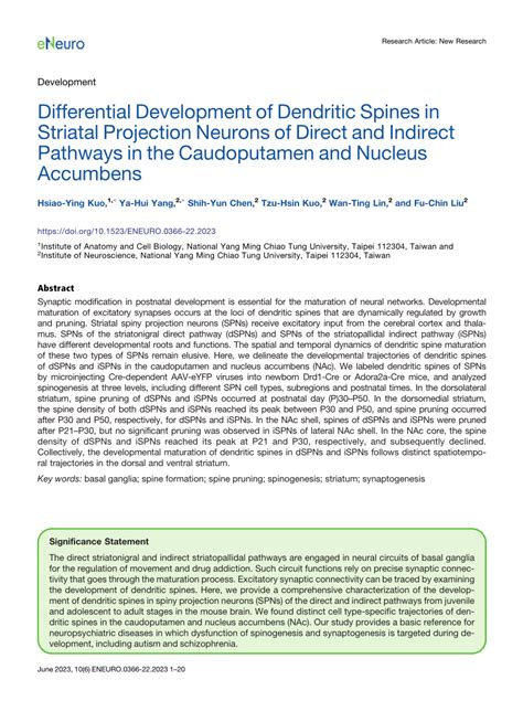 Pdf Differential Development Of Dendritic Spines In Striatal Projection Neurons Of Direct And