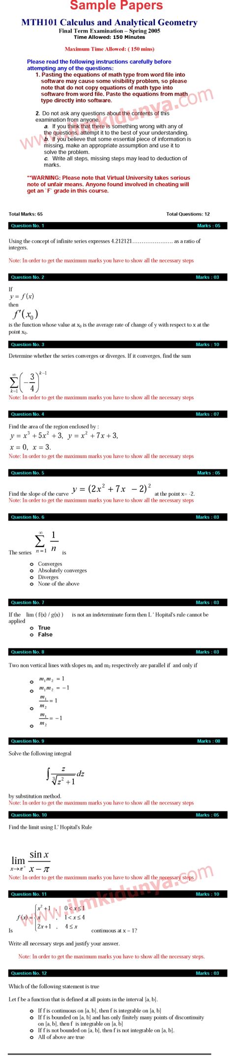 Mth101 Calculus And Analytical Geometry Bs Information Technology Vu