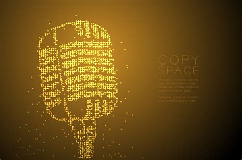 추상 기 원형 도트 픽셀 패턴 빈티지 마이크 모양 음악 악기 컨셉 디자인 골드 색상 갈색 그라데이션 배경 복사 공간 벡터 Eps