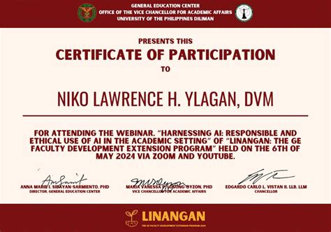 Im Happy To Share This Certificate Of Participation For The Up Linangan Webinar Harnessing Ai