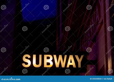 Vintage Subway Sign Retro Subway Entrance Illuminated At Night Stock