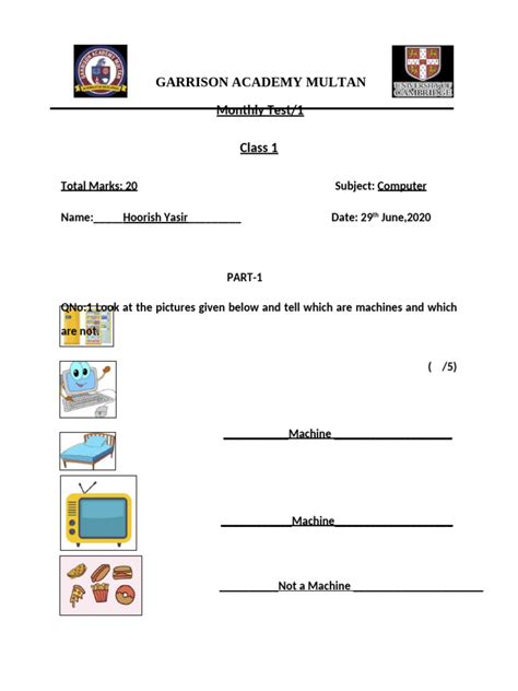 1st Monthly Test Class 1 Pdf