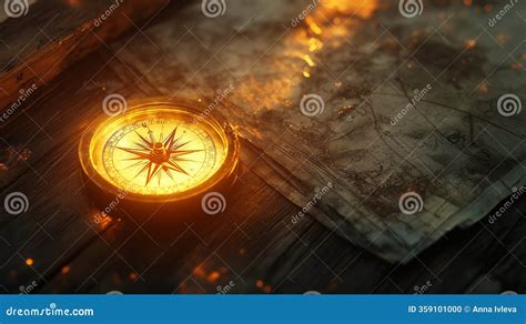 Glowing Compass And Ancient Map On Weathered Wooden Table At Twilight