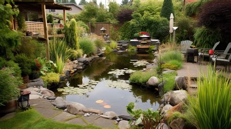 돌이 있는 정원 연못 조경 된 뒷마당 사진 배경 일러스트 및 사진 무료 다운로드 Pngtree