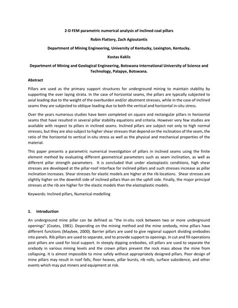 Pdf 2 D Fem Parametric Numerical Analysis Of Inclined Coal Pillars