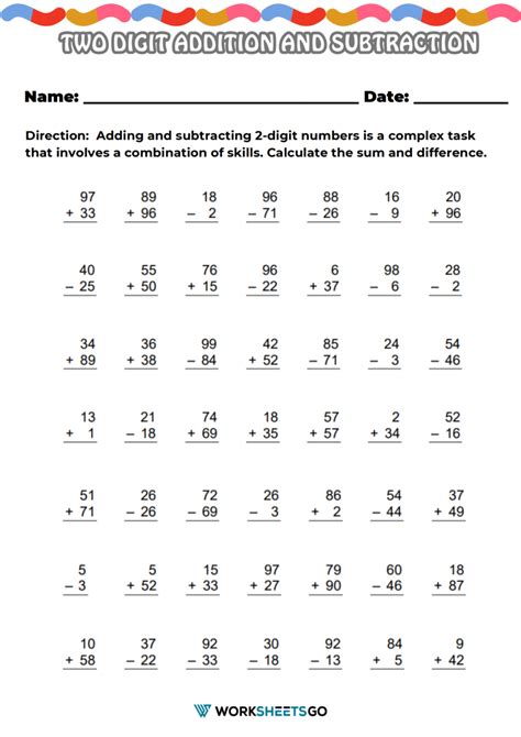 Addition And Subtraction Worksheets 2 Digit Numbers Subtraction Worksheets