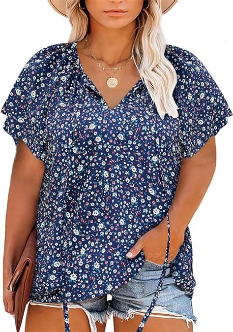 Halife Womens Plus Size Boho Tops Floral Printed V Neck Casual Summer