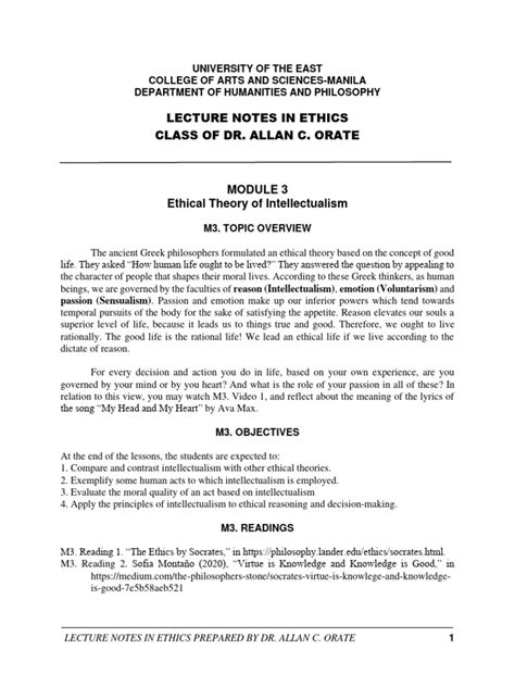 M3 Lecture Notes Intellectualism By Socrates Pdf