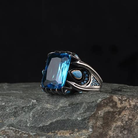 Мужское кольцо из серебра 925 с аквамарином | AliExpress