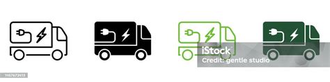에코 그린 전력선과 실루엣 아이콘 색상 세트로 차량 운송 전기 밴 픽토그램 흰색 배경에 생태 에너지 트럭 기호 컬렉션입니다 고립된 벡터 그림 전기 연료 및 전력 생산에 대한