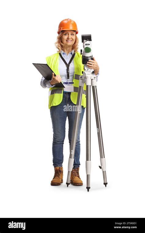 full length portrait of a woman geodetic surveyor posing with a