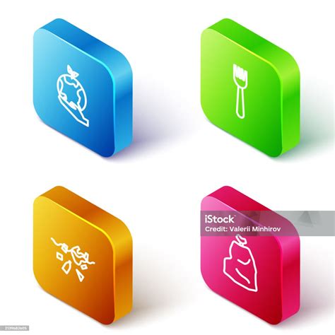 등각 투영 선 지구 지구본 일회용 플라스틱 포크 오염 행성 문제 및 쓰레기 봉투 아이콘을 들고 있습니다 벡터 3차원 형태에 대한