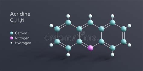 Acridine Molecule 3d Rendering Flat Molecular Structure With Chemical Formula And Atoms Color