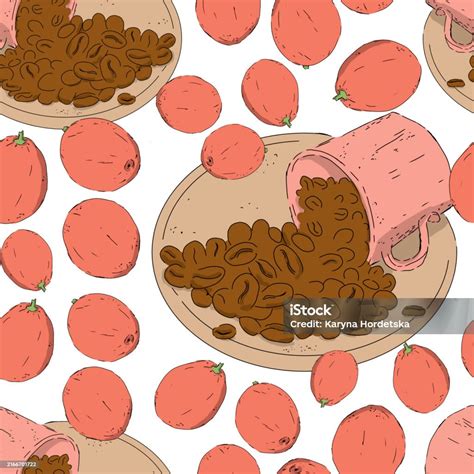 커피 콩과 커피 식물 색상 일러스트레이션의 과일을 가진 접시에 컵 포장지 직물 벽지 배경 인쇄에 사용을위한 완벽 한 패턴 0명에 대한 스톡 벡터 아트 및 기타 이미지