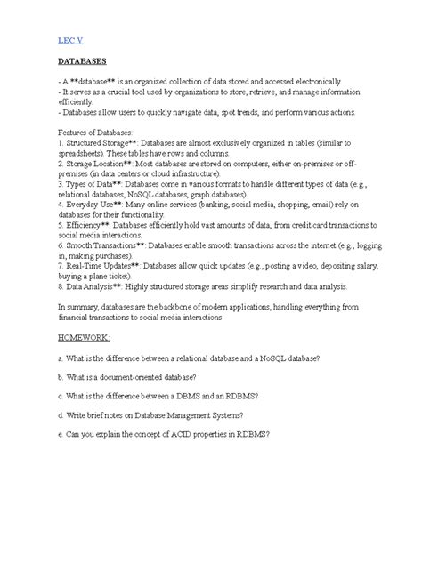 Cosc 105 Lec V And Vi Database Lec V Databases A Database Is An Organized Collection Of Data