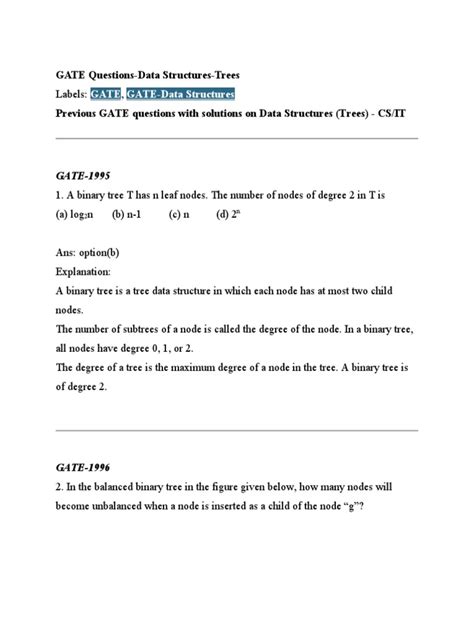 Gate Questions Data Structures Trees Pdf Data Management