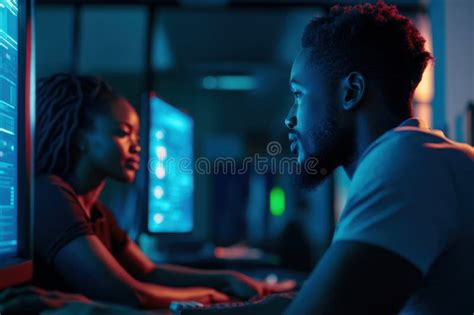 Software Developers Working Together Late At Night In A Dark Office