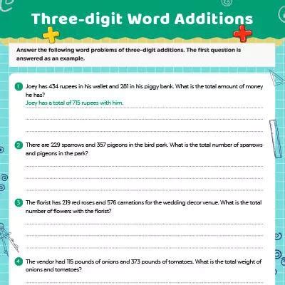 Addition Worksheets Three Digit Word Problems