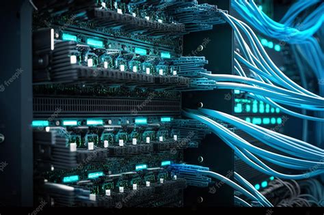 Premium Photo Internet Network Switch With Ethernet Cables Plugged In