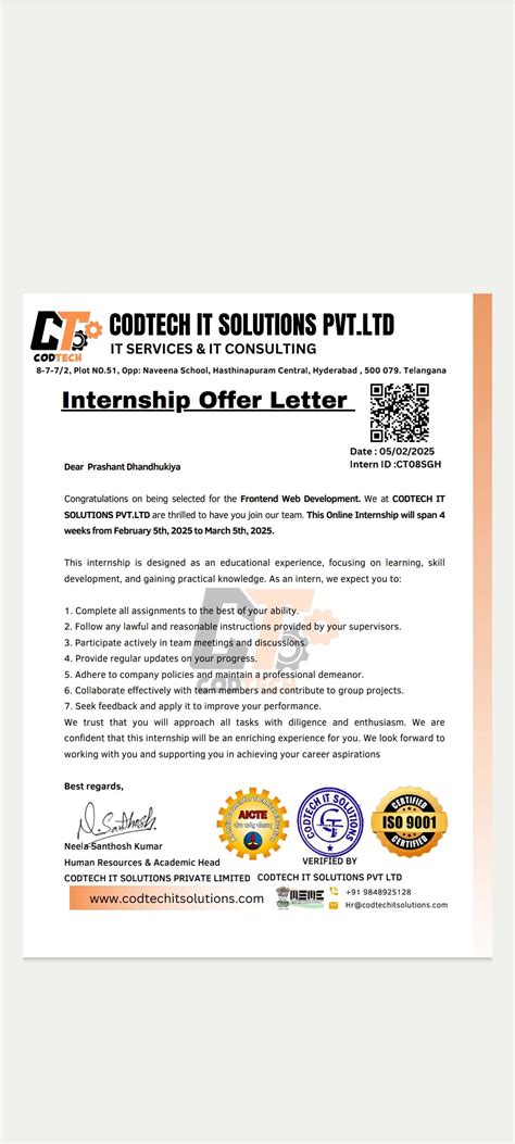 i had started internship at codtech it solution of web development for