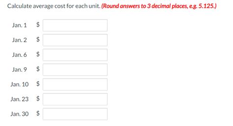 solved calculate average cost for each unit round answers