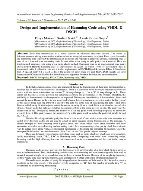 design and implementation of hamming code using vhdl and dsch divya mokara sushmi naidu akash