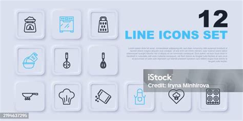 세트 라인 요리사 모자 가스 렌지 주걱 주방 앞치마 계량 컵 및 그릇 오븐 및 후추 패킷 아이콘 벡터 가열장치에 대한 스톡 벡터 아트 및 기타 이미지 Istock