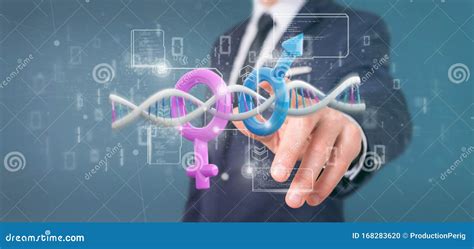 Businessman Holding A DNA With Data And Male And Female Symbol D Rendering Stock Photo
