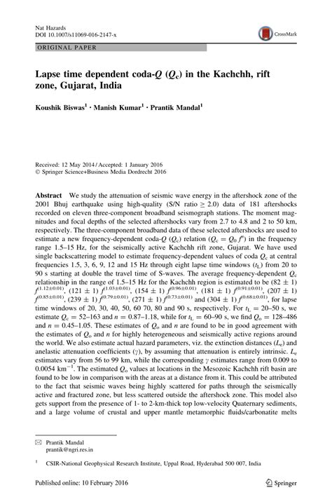 Pdf Estimation Of Frequency Dependent Coda Qc Relation And Its Lapse Time Dependence Analysis