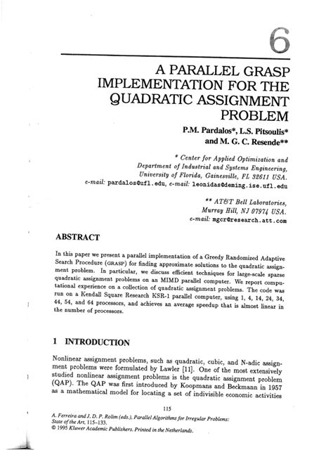 Pdf A Parallel Grasp Implementation For The Quadratic Assignment Problem