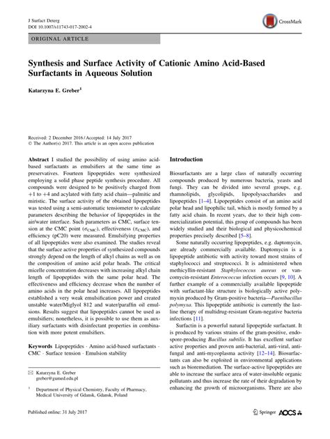 Pdf Synthesis And Surface Activity Of Cationic Amino Acid Based