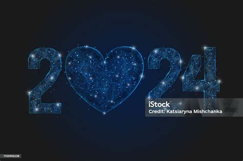2024년 새해 번호의 추상적인 고립된 파란색 이미지입니다 다각형 로우 폴리 와이어 프레임 그림은 스파 또는 날아 다니는 유리