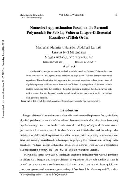 Pdf Numerical Approximation Based On The Bernouli Polynomials For Solving Volterra Integro