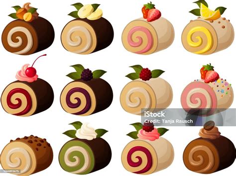 충전재와 토핑이 있는 다양한 케이크 스위스 롤 조각의 귀여운 벡터 그림 개체 그룹에 대한 스톡 벡터 아트 및 기타 이미지 개체 그룹 거품 내기 건강에 좋지 않은 음식