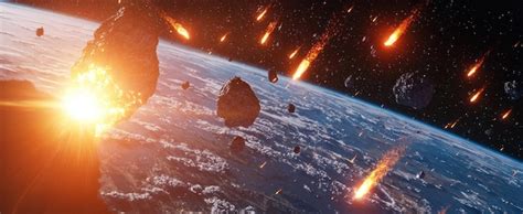 3d Rendering Of A Swarm Of Meteorites Or Asteroids Entering The Earth Atmosphere Premium Ai