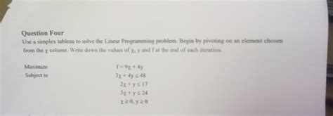 solved question four use a simplex tableau to solve the
