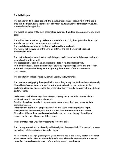 The Axilla Region Anatomy Notes The Axilla Region The Axilla Refers To The Area Beneath The
