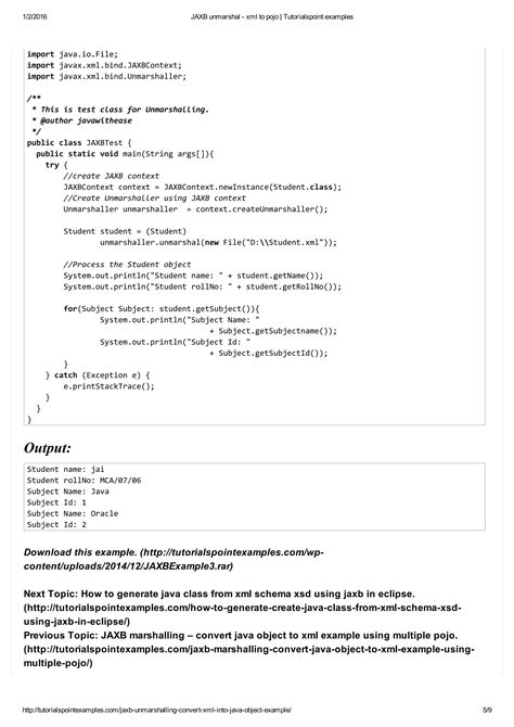 Jaxb Unmarshal Xml To Pojo Tutorialspoint Examples Pdf