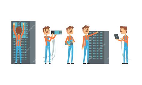 Premium Vector Network Engineer Working In Data Center Set Computer