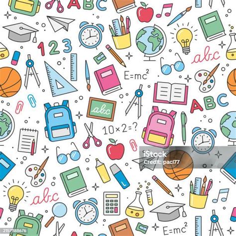 학교 라인 색상 아이콘 완벽 한 패턴입니다 학교 요소 벡터 배경입니다 학교 건물에 대한 스톡 벡터 아트 및 기타 이미지 학교 건물 교육 신학기 Istock