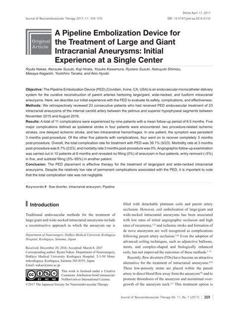 Pdf A Pipeline Embolization Device For The Treatment Of Large And Giant Intracranial Aneurysms
