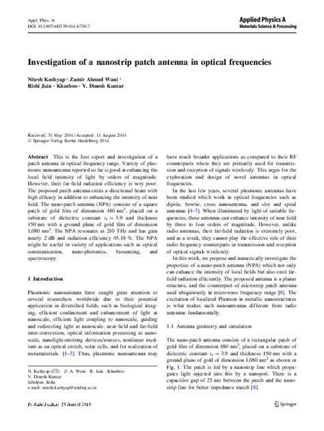 Pdf Investigation Of A Nanostrip Patch Antenna In Optical Frequencies