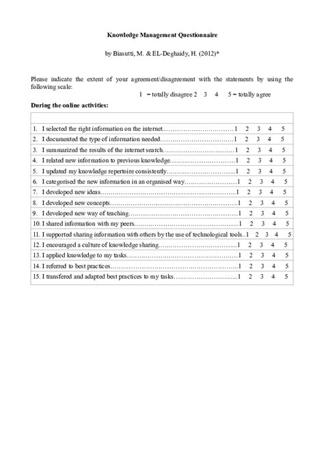 Pdf Knowledge Management Questionnaire Michele Biasutti And Heba El Deghaidy