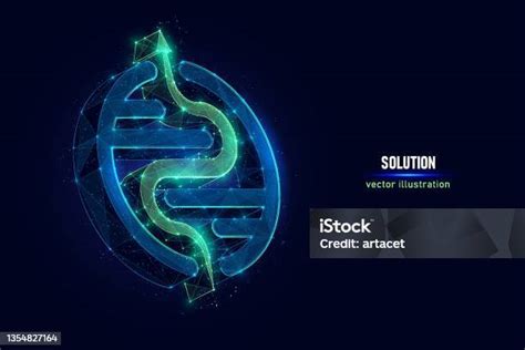 비즈니스 솔루션의 상징으로 미로 와 연결된 점으로 만든 전술 디지털 와이어 프레임 녹색 화살표는 파란색 배경에 미로 낮은 폴리 벡터 그림을 통해 경로를 보여줍니다 오솔길에