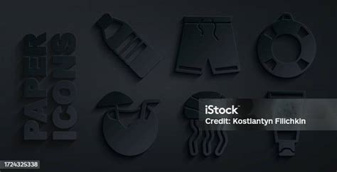 해파리 구명 부표 코코넛 칵테일 튜브에 자외선 차단제 크림 수영 트렁크 및 물병 아이콘을 설정합니다 벡터 3차원 형태에 대한 스톡 벡터 아트 및 기타 이미지 Istock