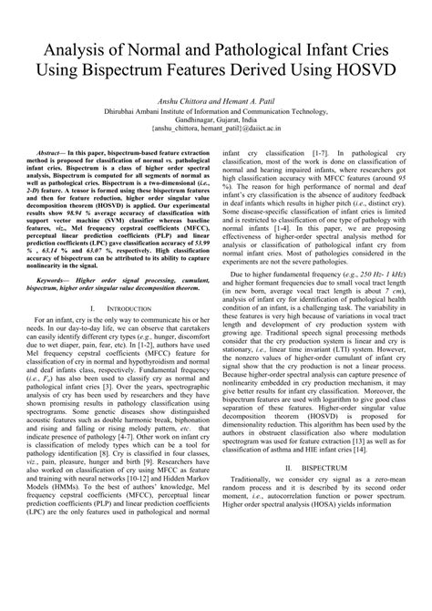 Pdf Analysis Of Normal And Pathological Infant Cries Using Bispectrum Features Derived Using Hosvd
