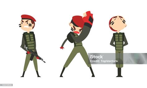 육군 병사 세트 위장 전투 유니폼과 붉은 베레모 싸움 만화 벡터 일러스트레이션에 남자 경례에 대한 스톡 벡터 아트 및 기타