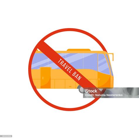 여행 금지 만화 벡터 일러스트레이션 운전을 위한 표지판을 중지합니다 전염병에 대한 경고 와 주의 오렌지 버스 플랫 컬러 오브젝트 흰색 배경에서 격리된 제한된 대중 교통 2차