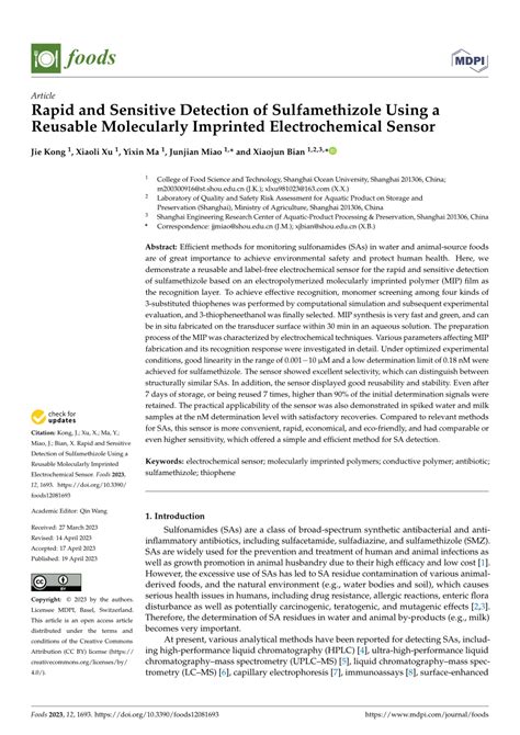 Pdf Rapid And Sensitive Detection Of Sulfamethizole Using A Reusable Molecularly Imprinted